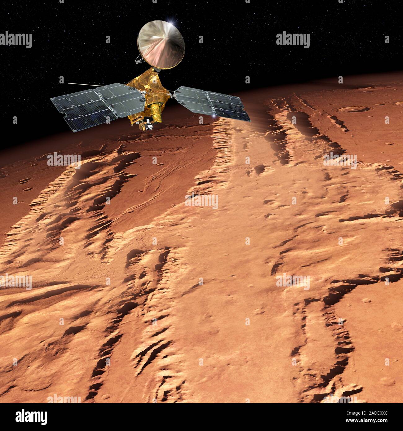 Mars Reconnaissance Orbiter in Mars orbit, illustration. The Mars ...
