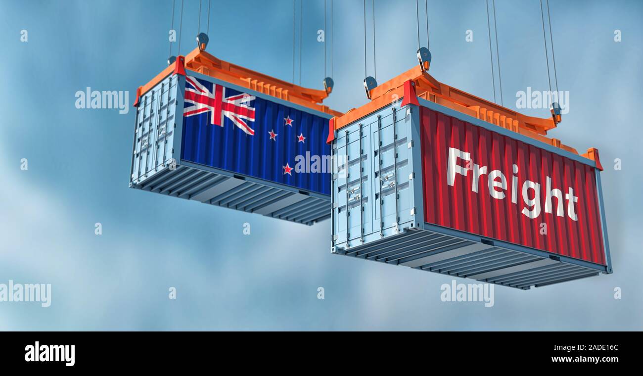 Freight container with New Zealand flag. 3D Rendering Stock Photo - Alamy