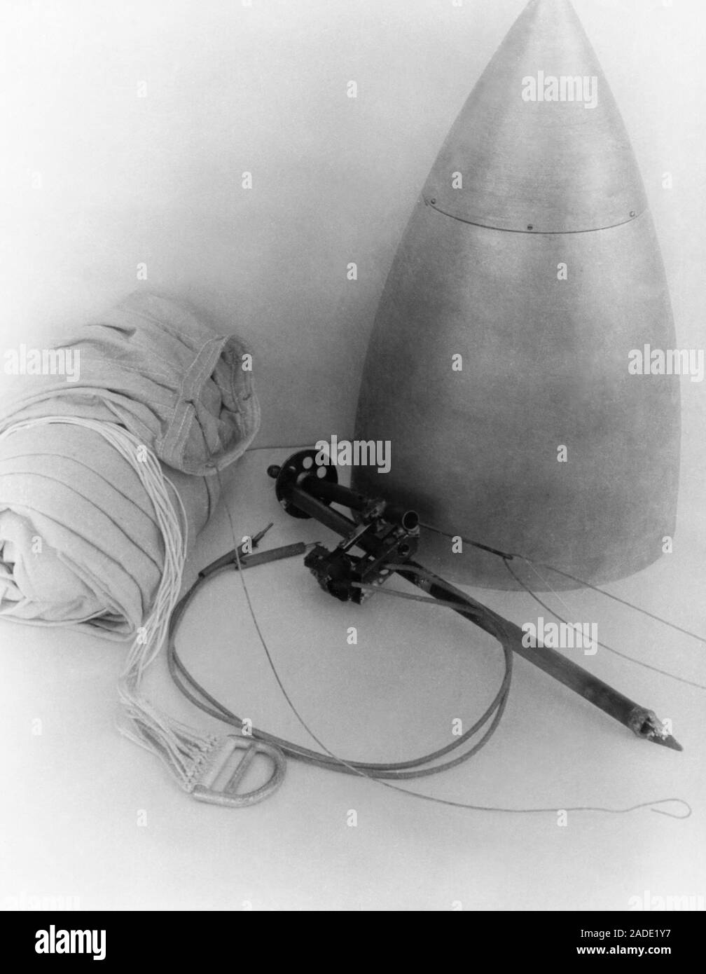 Goddard rocket nose cone. Close-up of the nose cone, parachute, and ...