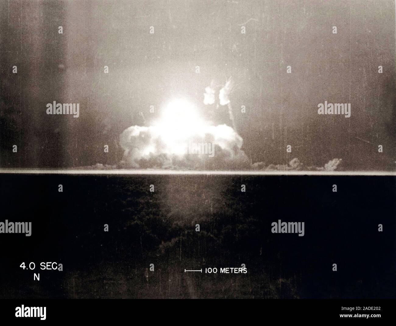 Trinity Test atom bomb 4 seconds after detonation, 1945. This image is ...