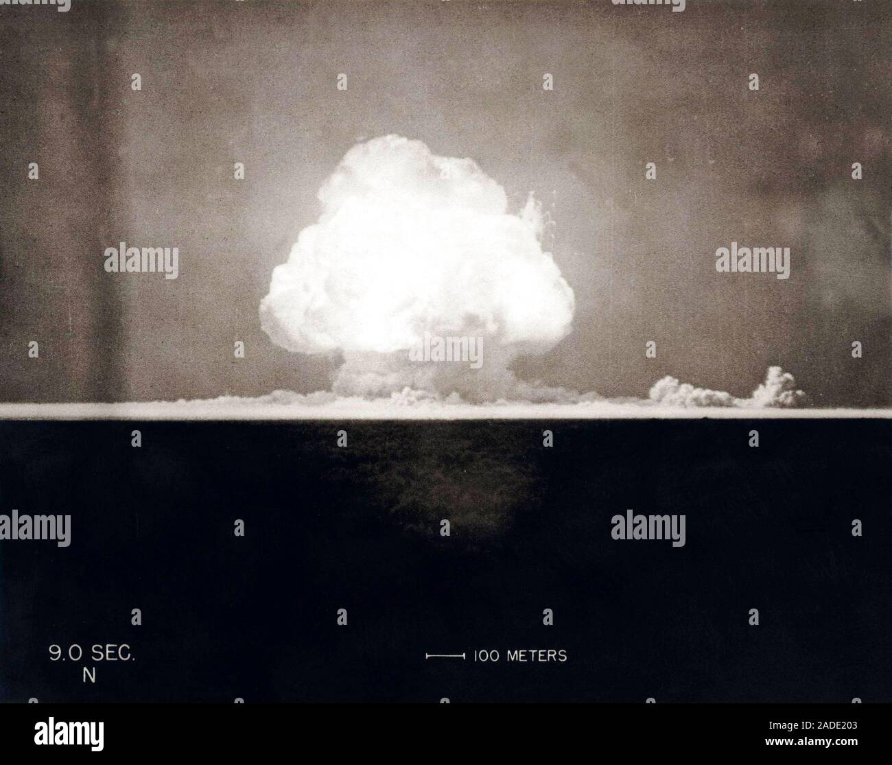 Trinity Test atom bomb 9 seconds after detonation, 1945. This image is ...