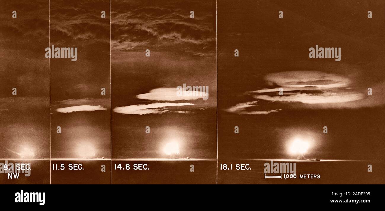 Trinity Test atom bomb sequence after detonation, 1945. This view looks ...