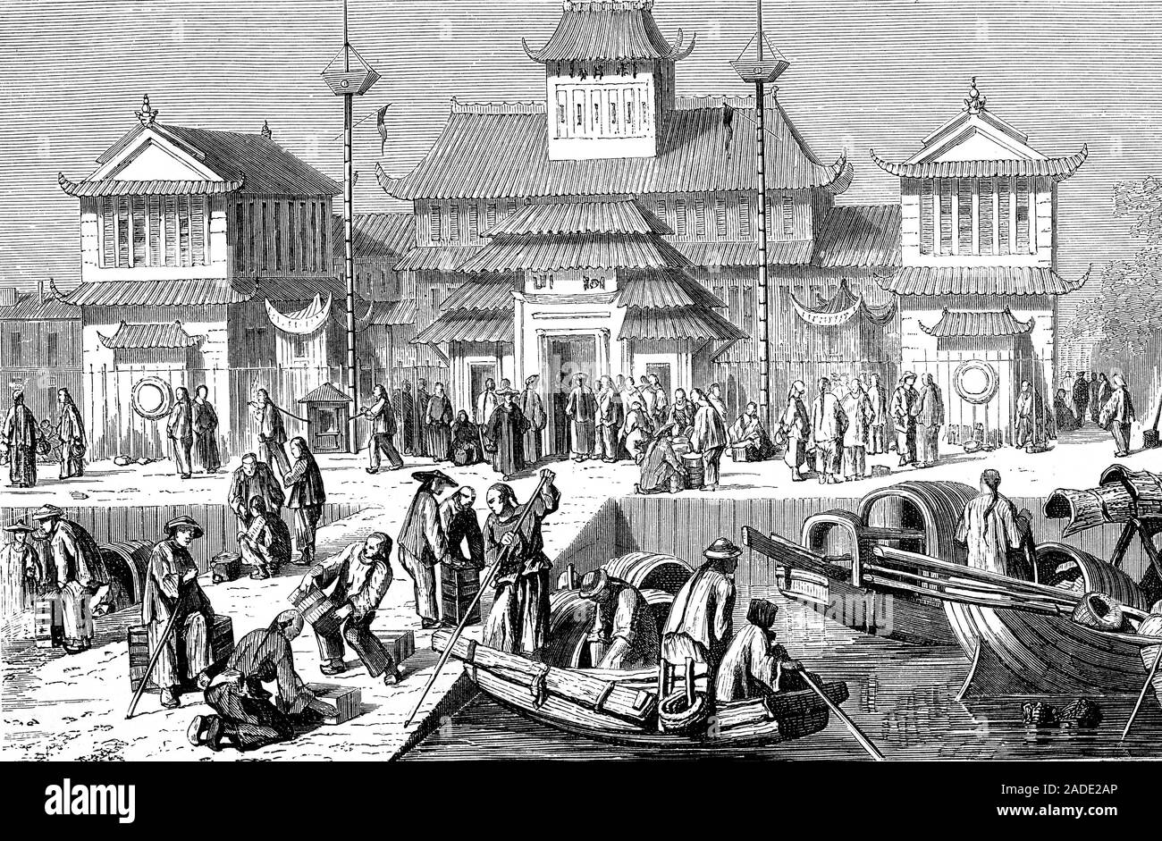Shanghai harbour, China. 1885 illustration of people and boats in ...