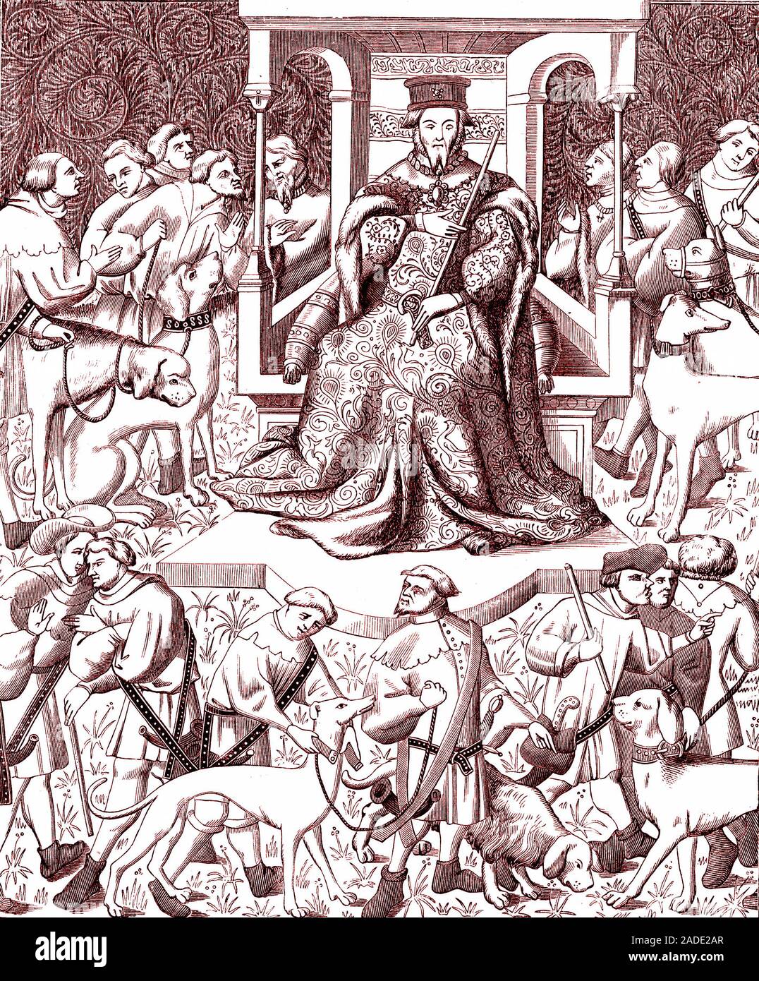 Gaston Phoebus (1331-1391) teaching venery. 1878 illustration of a 15th ...