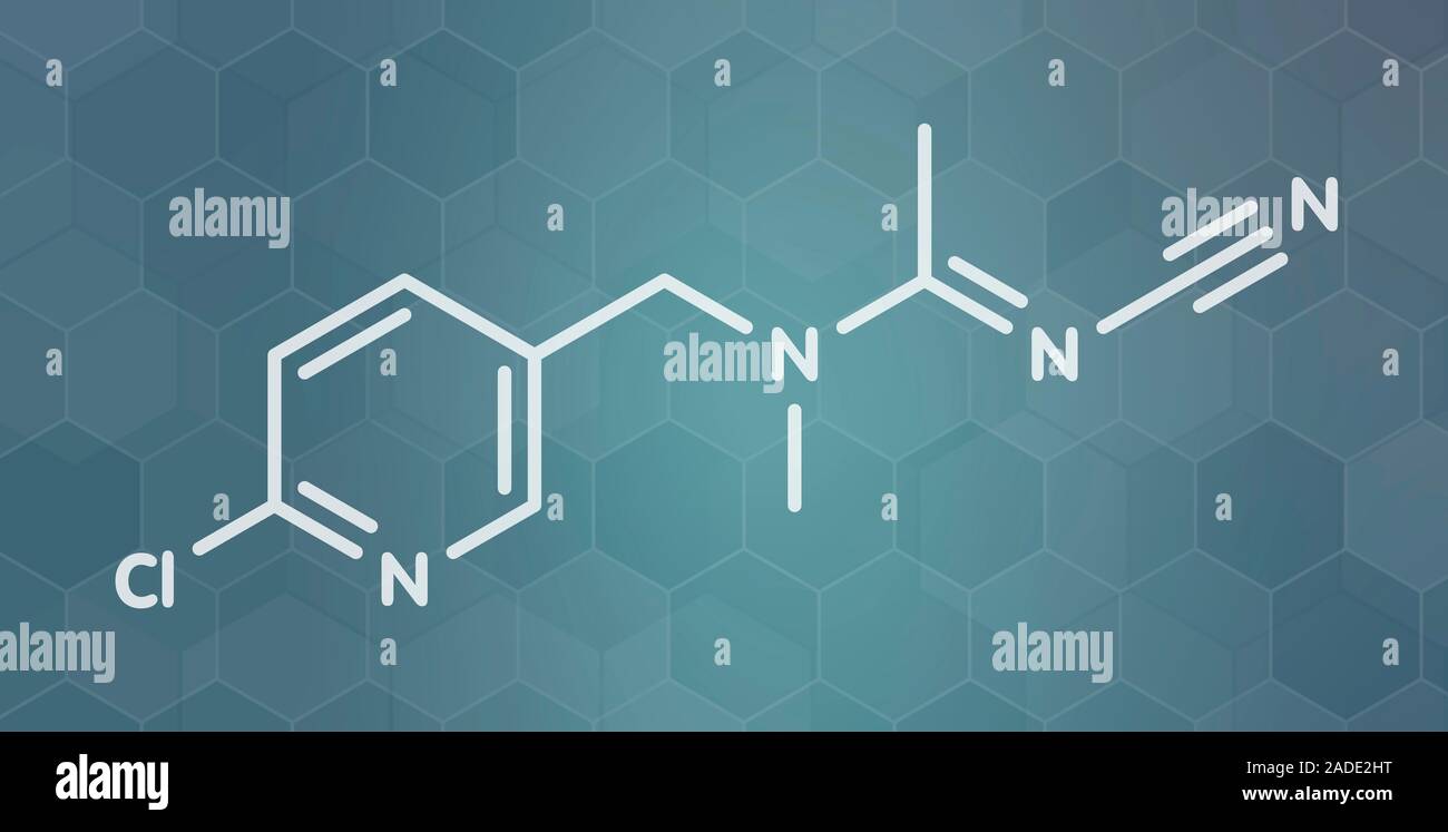 Acetamiprid insecticide molecule (neonicotinoid class). White skeletal ...
