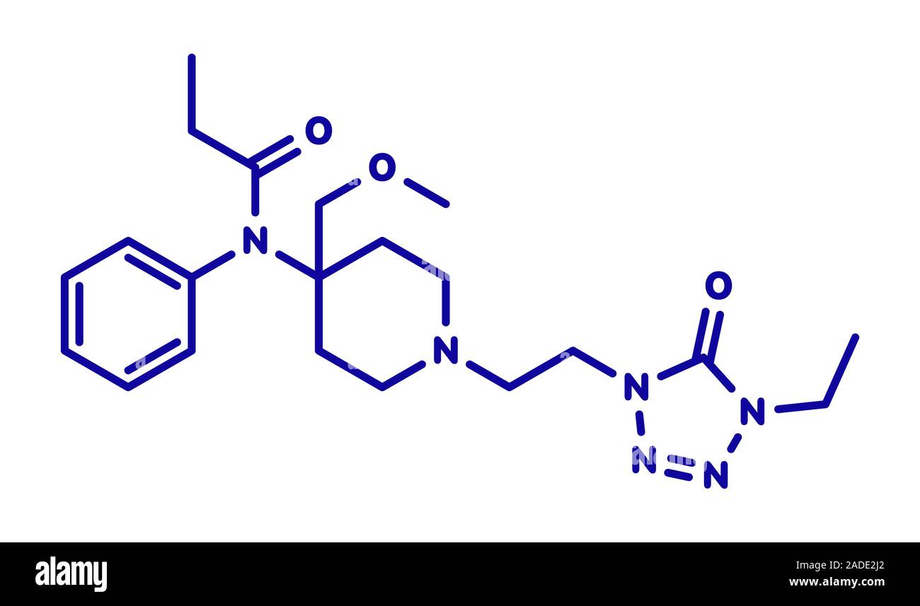 Alfentanil opioid analgesic drug molecule. Blue skeletal formula on ...