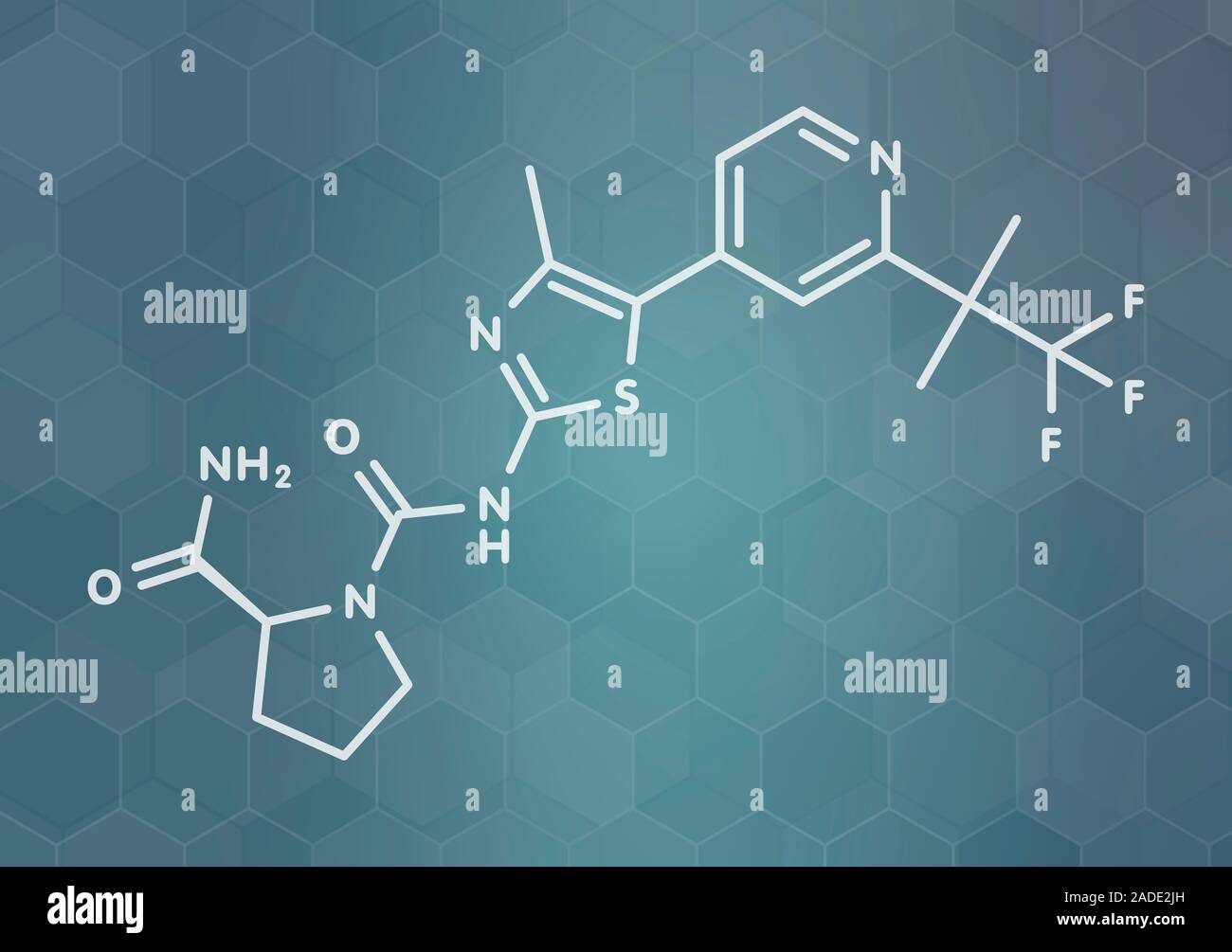Alpelisib cancer drug molecule (PI3K inhibitor). White skeletal formula ...