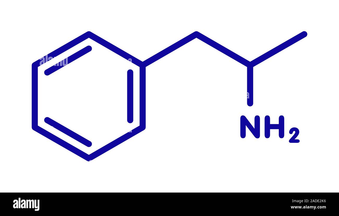 Amphetamine (speed) stimulant drug molecule. Blue skeletal formula on ...