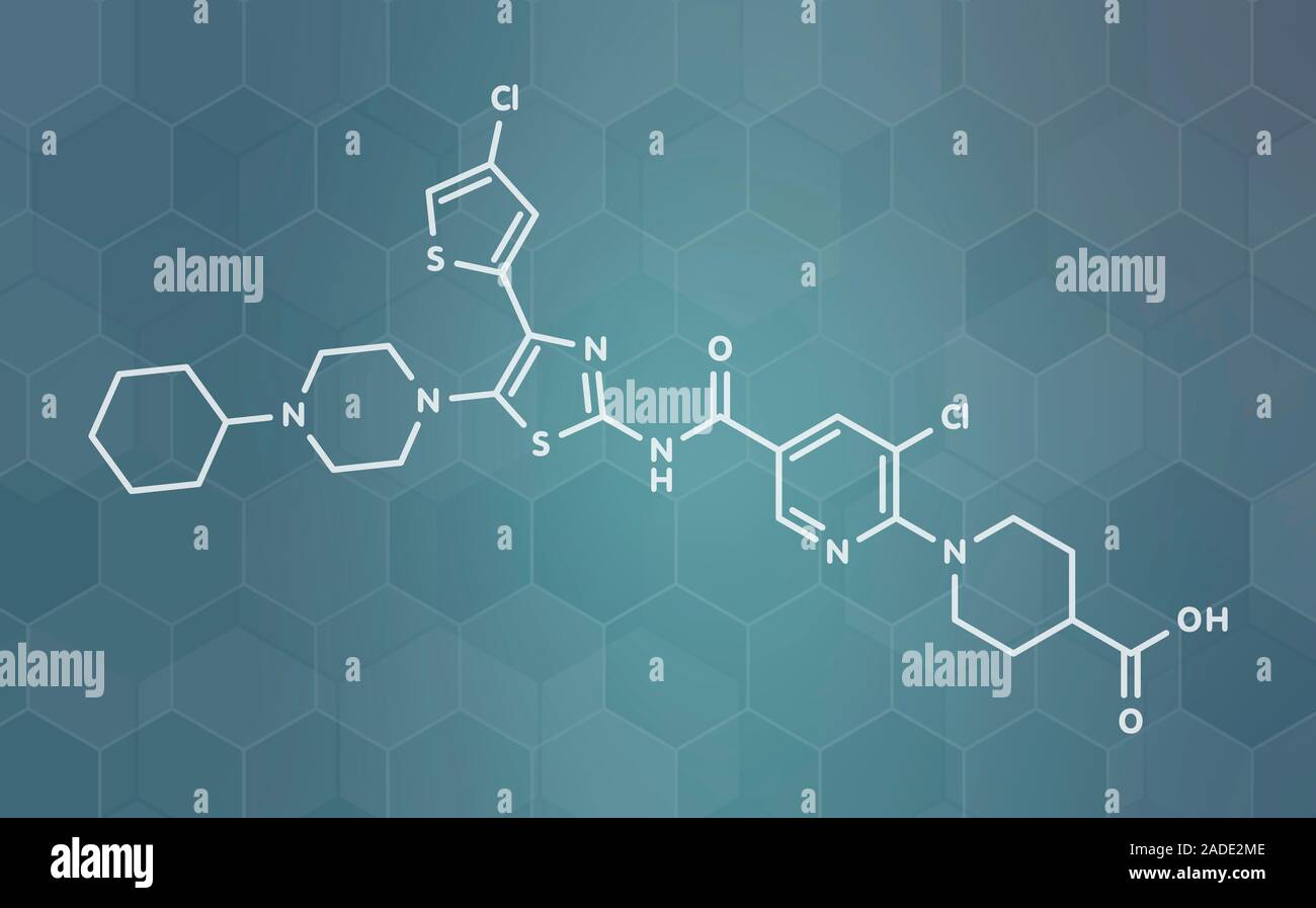 Avatrombopag thrombocytopenia drug molecule. White skeletal formula on ...