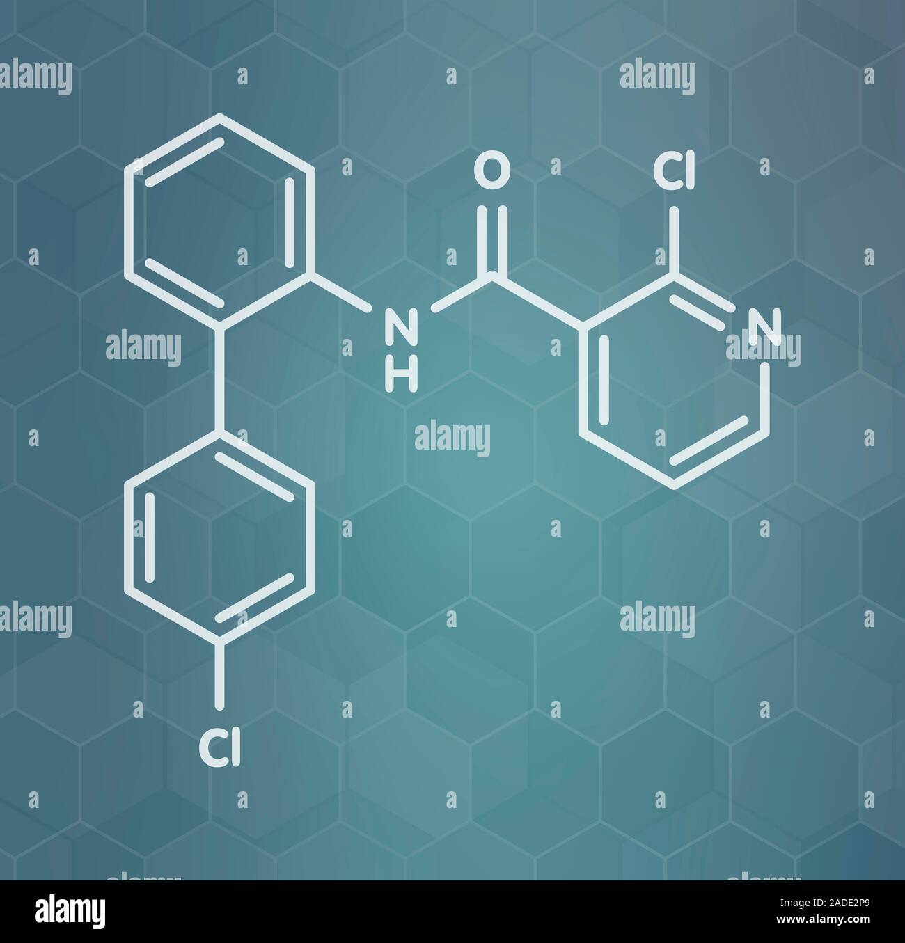 Boscalid fungicide molecule. White skeletal formula on dark teal ...