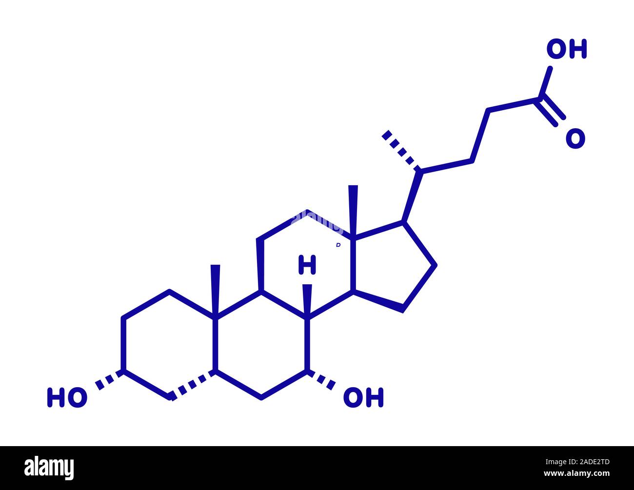 Chenodeoxycholic acid drug molecule. Blue skeletal formula on white ...