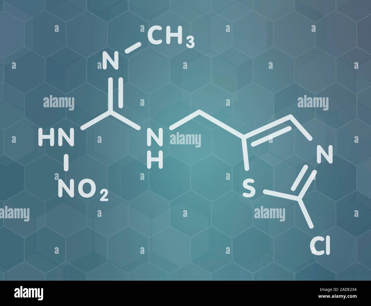 Clothianidin insecticide molecule (neonicotinoid class). White skeletal ...