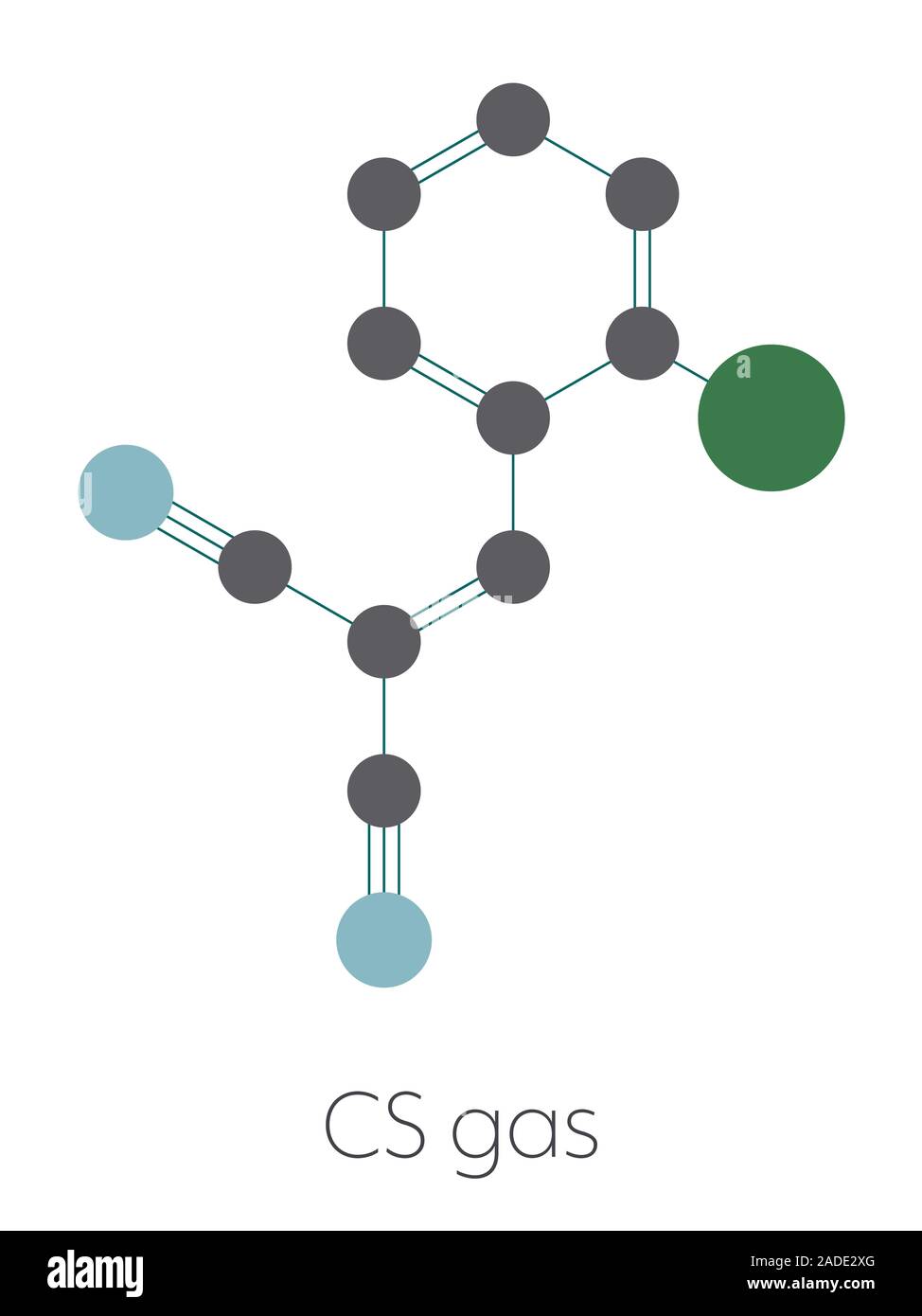 2-chlorobenzalmalononitrile tear gas (CS gas) molecule. Stylized ...
