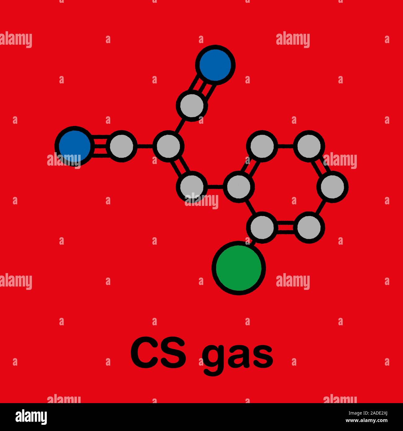 2-chlorobenzalmalononitrile tear gas (CS gas) molecule. Stylized ...