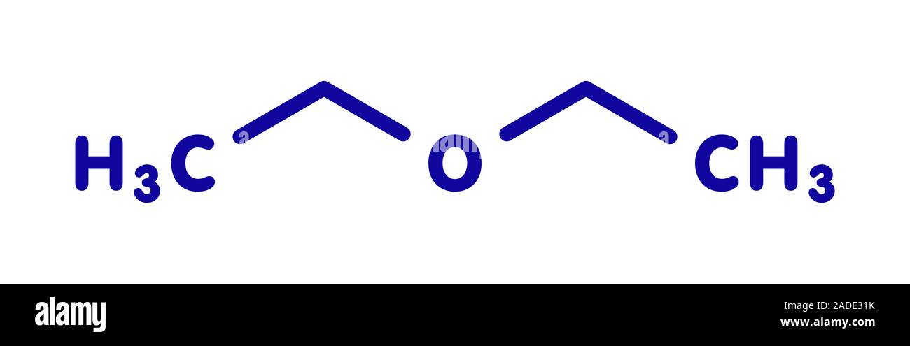 Diethyl ether solvent molecule. Blue skeletal formula on white ...