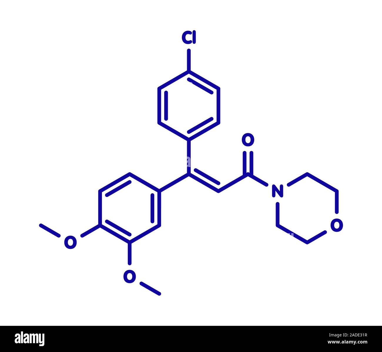 Dimethomorph fungicide molecule. Blue skeletal formula on white ...