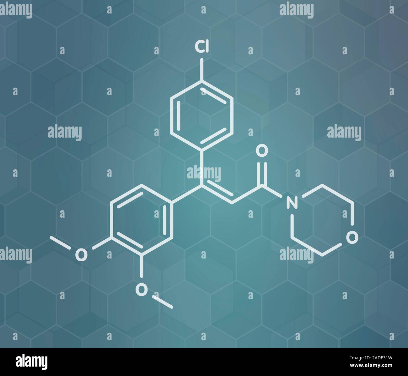 Dimethomorph fungicide molecule. White skeletal formula on dark teal ...