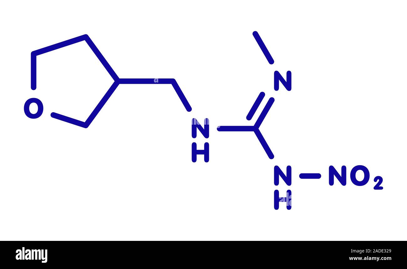 Dinotefuran insecticide molecule (neonicotinoid class). Blue skeletal ...
