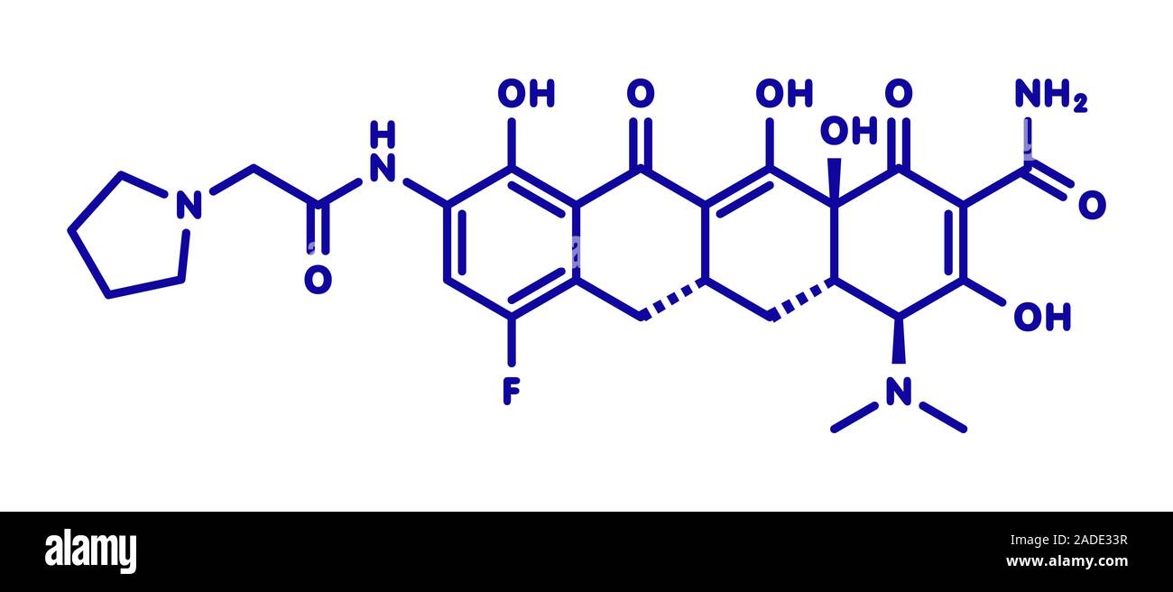 Eravacycline antibiotic drug molecule (tetracycline class). Blue ...
