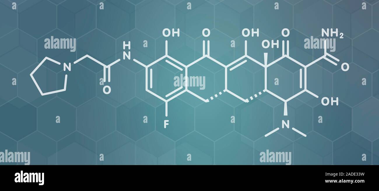 Eravacycline antibiotic drug molecule (tetracycline class). White ...