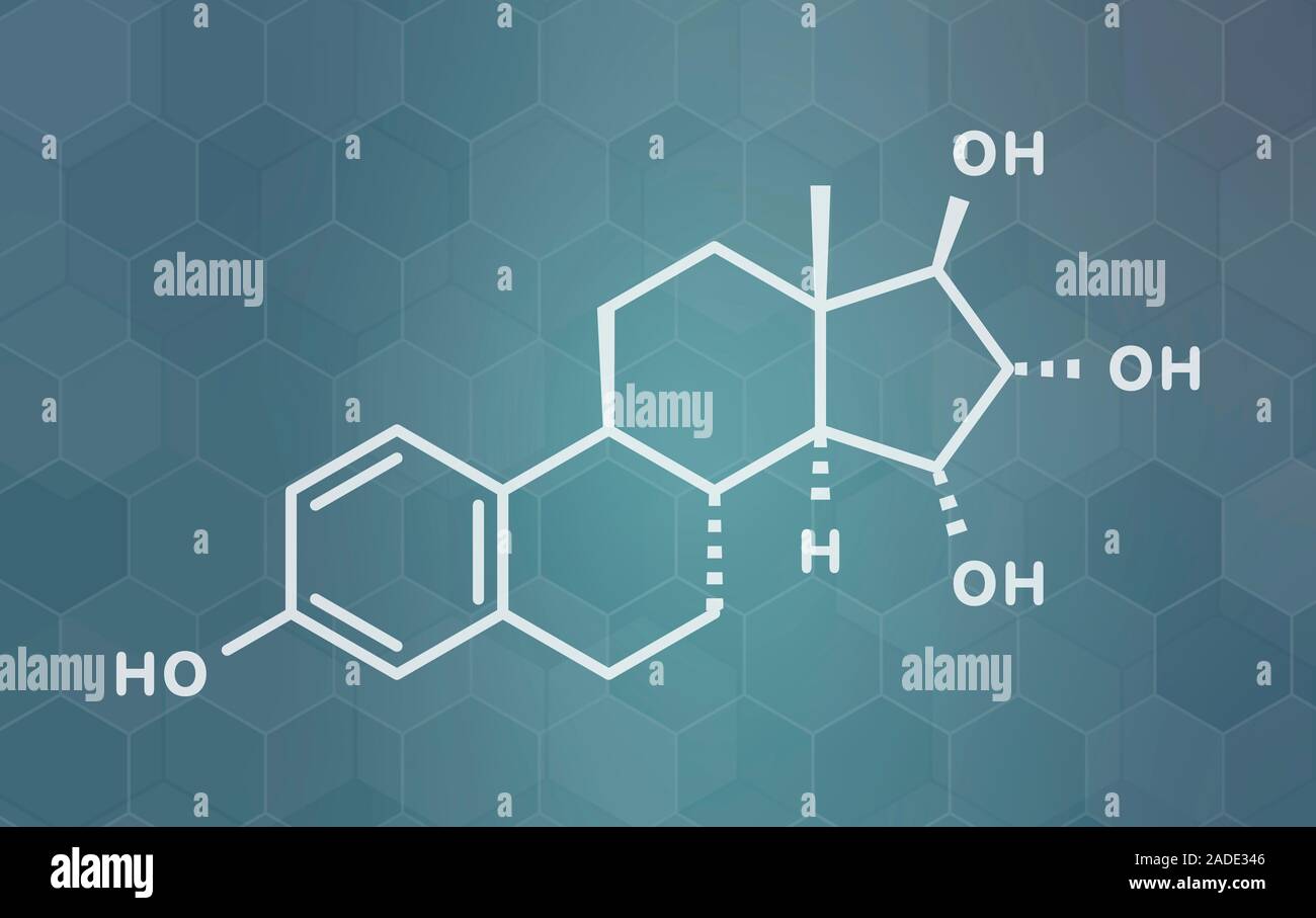 Estetrol natural estrogen hormone molecule. White skeletal formula on ...