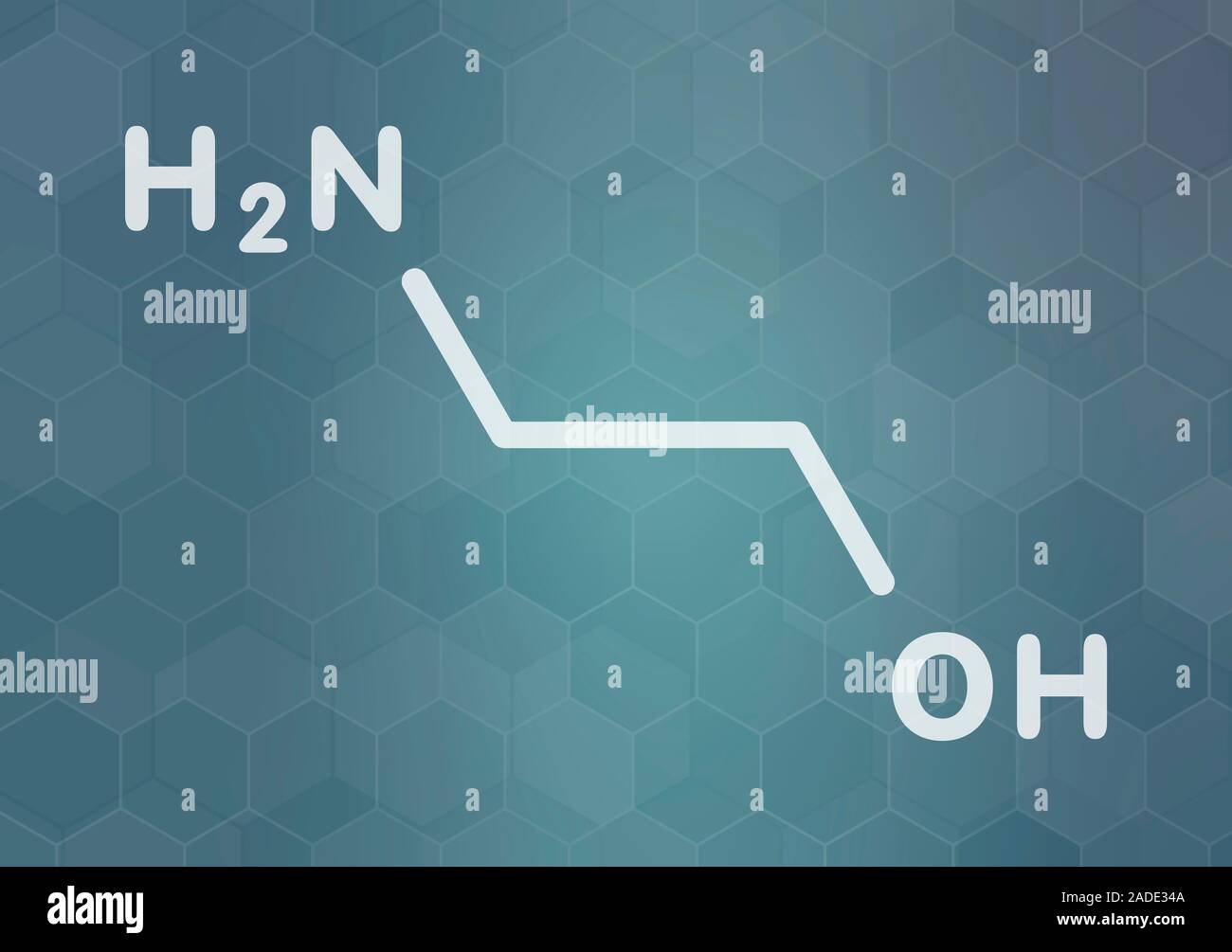 Ethanolamine (2-aminoethanol) molecule. White skeletal formula on dark ...