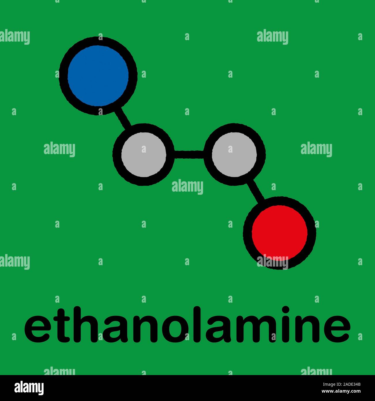Ethanolamine (2-aminoethanol) molecule. Stylized skeletal formula (chemical structure). Atoms ...