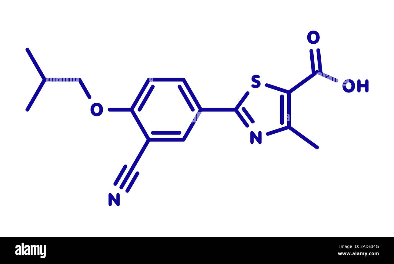 Febuxostat gout drug molecule (xanthine oxidase inhibitor). Blue ...