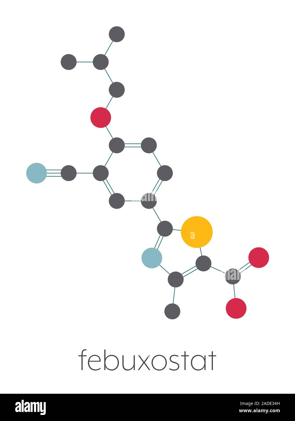 Febuxostat gout drug molecule (xanthine oxidase inhibitor). Stylized ...