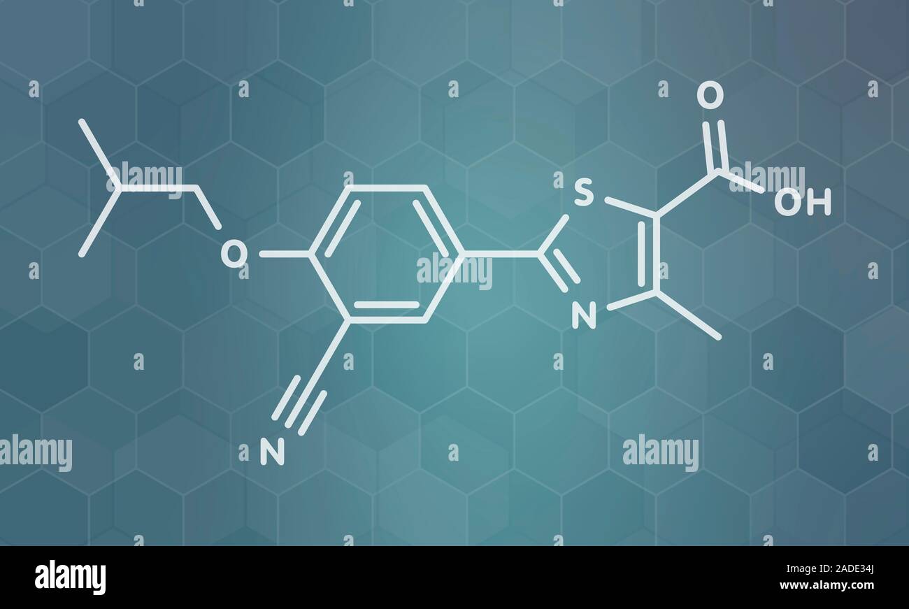 Febuxostat gout drug molecule (xanthine oxidase inhibitor). White ...