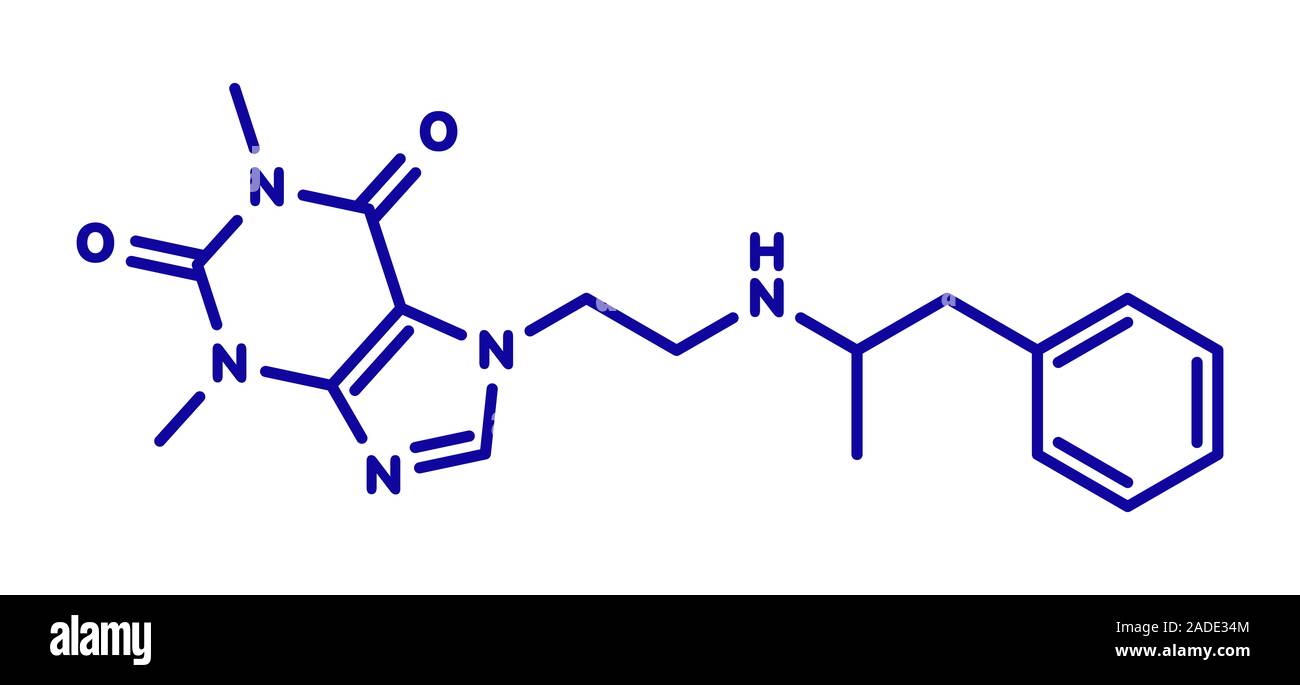 Fenetylline (fenethylline) stimulant drug molecule. Blue skeletal ...