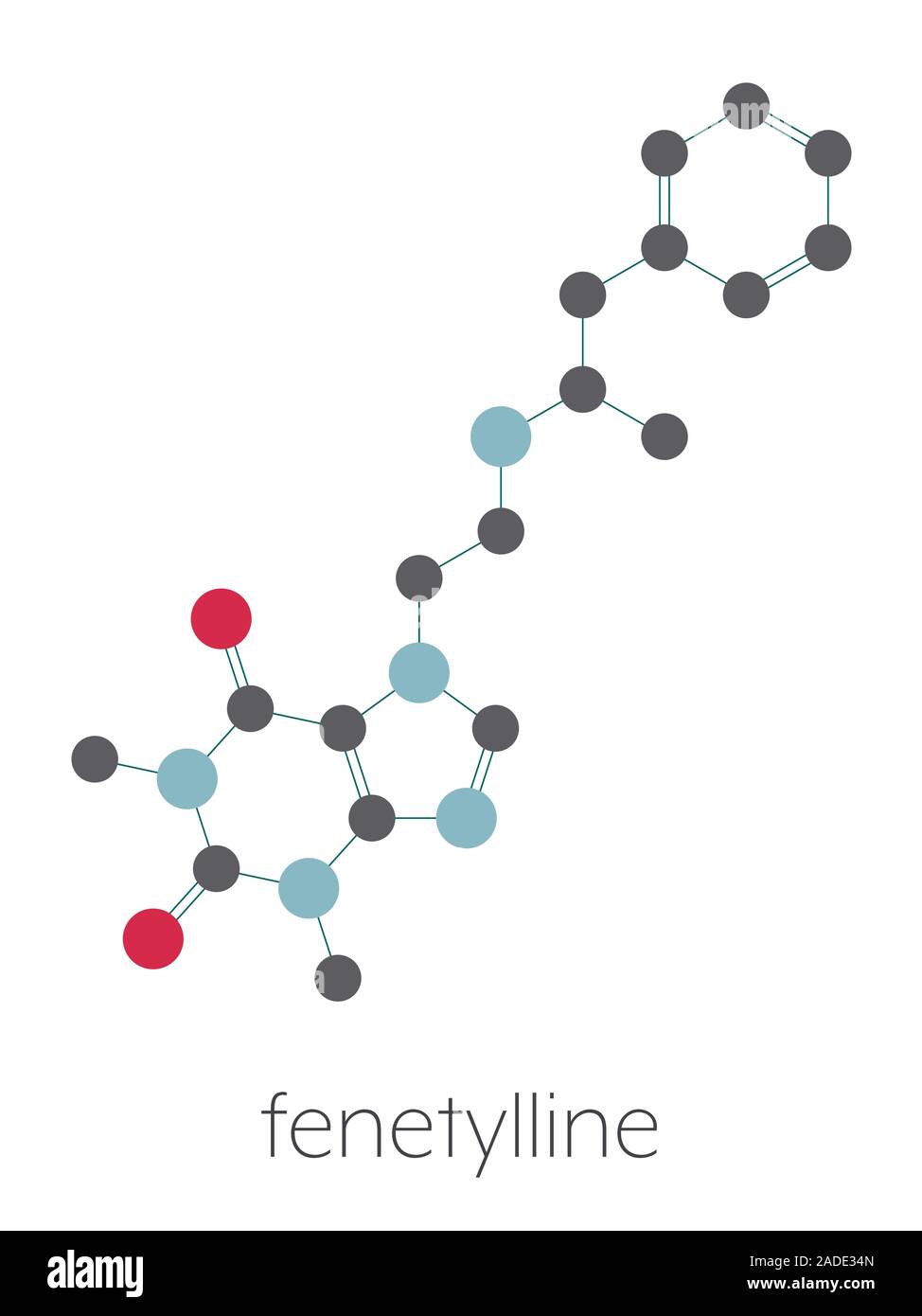 Fenetylline (fenethylline) stimulant drug molecule. Stylized skeletal ...
