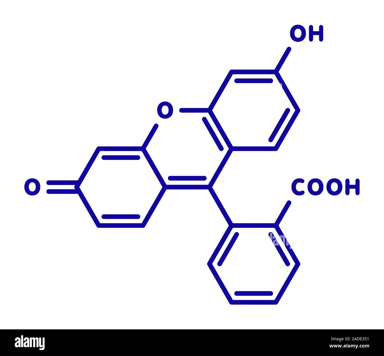 Fluorescein fluorescent molecule. Blue skeletal formula on white ...