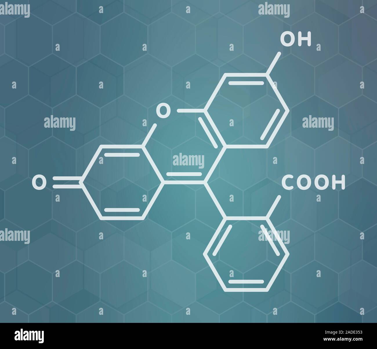 Fluorescein fluorescent molecule. White skeletal formula on dark teal ...