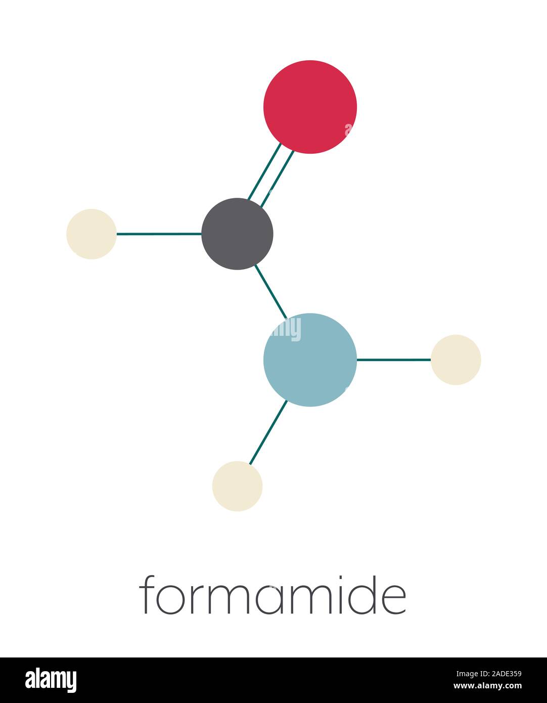 Formamide (methanamide) solvent molecule. Solution in water known as formol. Stylized skeletal ...