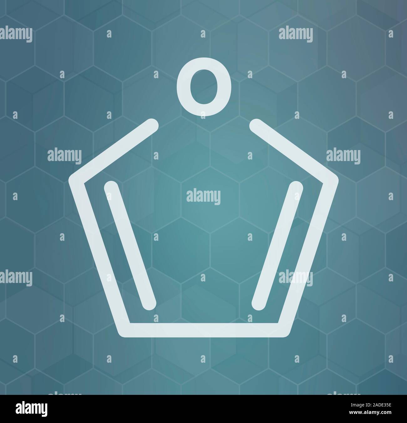 Furan heterocyclic aromatic molecule. White skeletal formula on dark ...