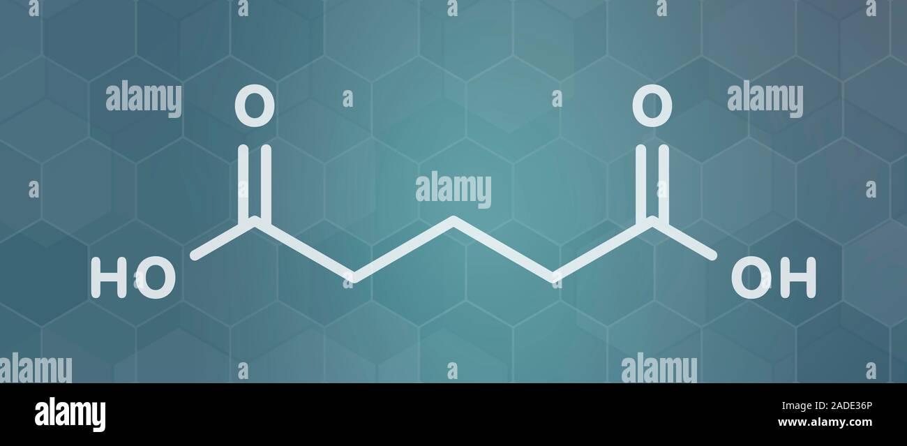 Glutaric acid molecule. Organic dicarboxylic acid. White skeletal formula on dark teal gradient ...
