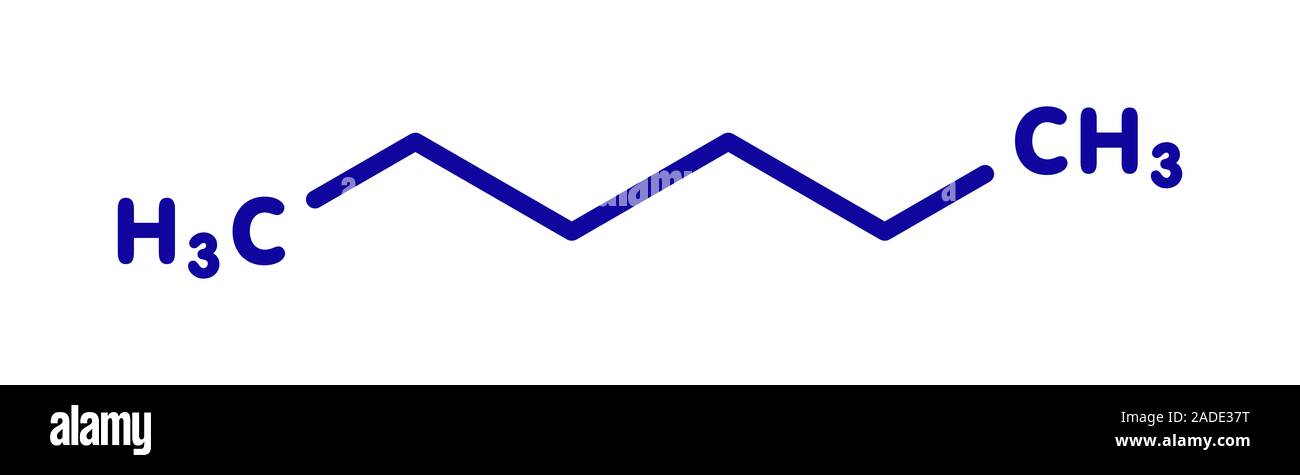 Hexane (n-hexane) alkane molecule. Blue skeletal formula on white ...
