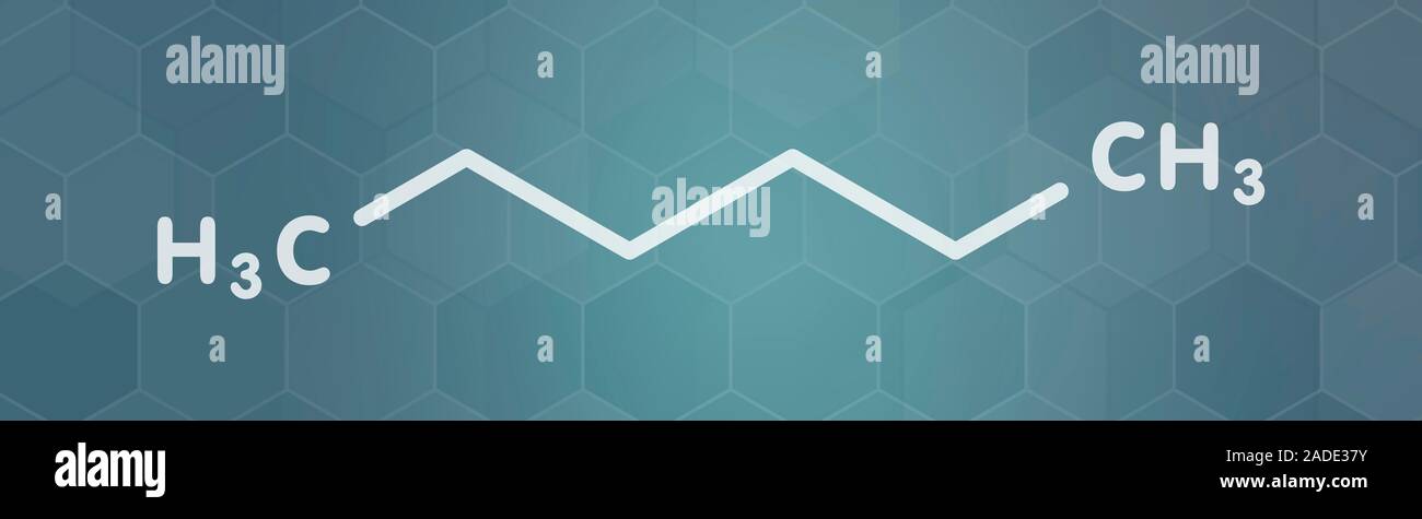 Hexane (n-hexane) alkane molecule. White skeletal formula on dark teal ...