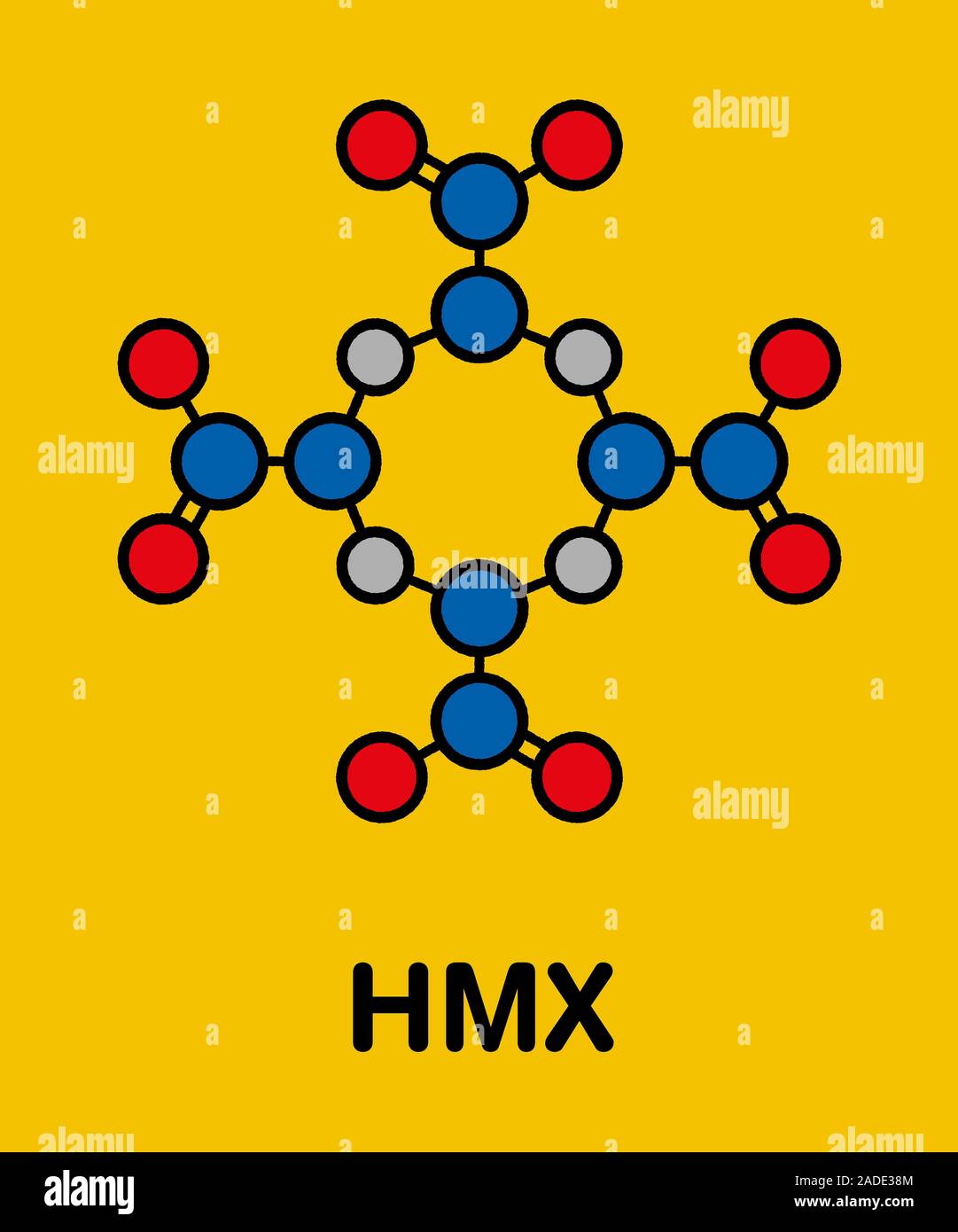 HMX (octogen) explosive molecule. Stylized skeletal formula (chemical structure). Atoms are ...