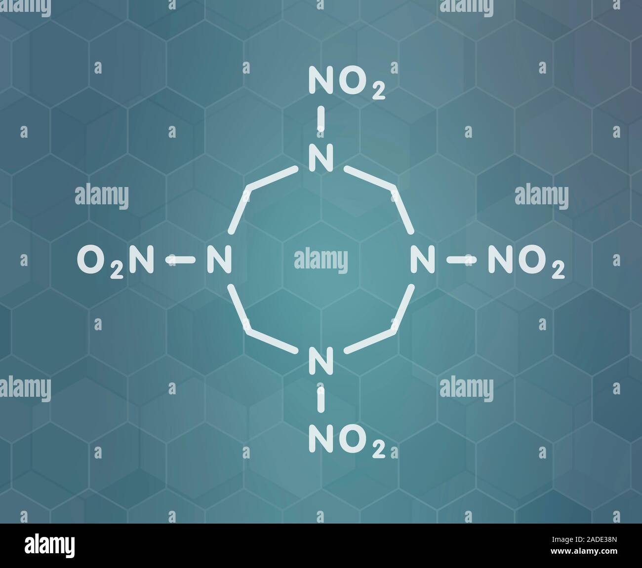HMX (octogen) explosive molecule. White skeletal formula on dark teal gradient background with ...