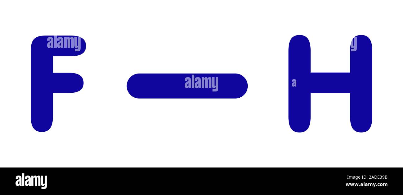 Hydrogen fluoride (HF) molecule. Blue skeletal formula on white ...