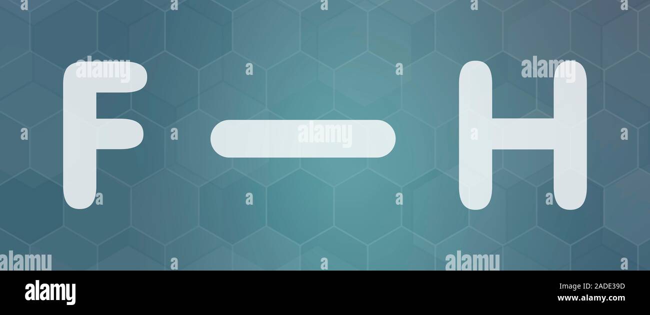 Hydrogen fluoride (HF) molecule. White skeletal formula on dark teal ...