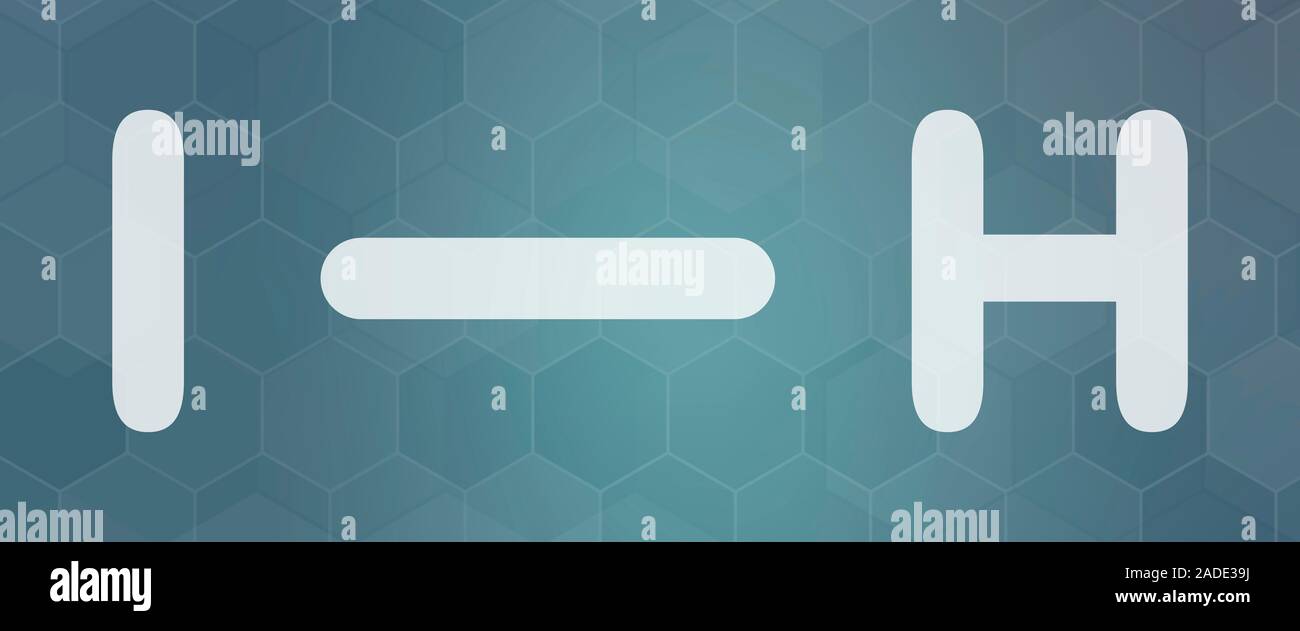 Hydrogen iodide (HI) molecule. White skeletal formula on dark teal ...