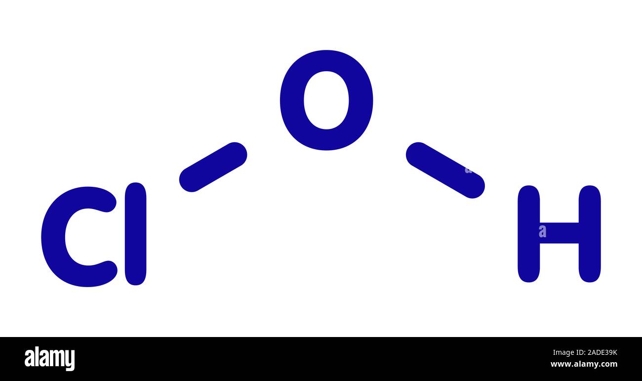 Hypochlorous acid (HClO) disinfectant molecule. Formed when chlorine is ...