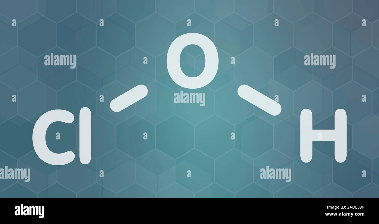 Hypochlorous acid (HClO) disinfectant molecule. Formed when chlorine is ...