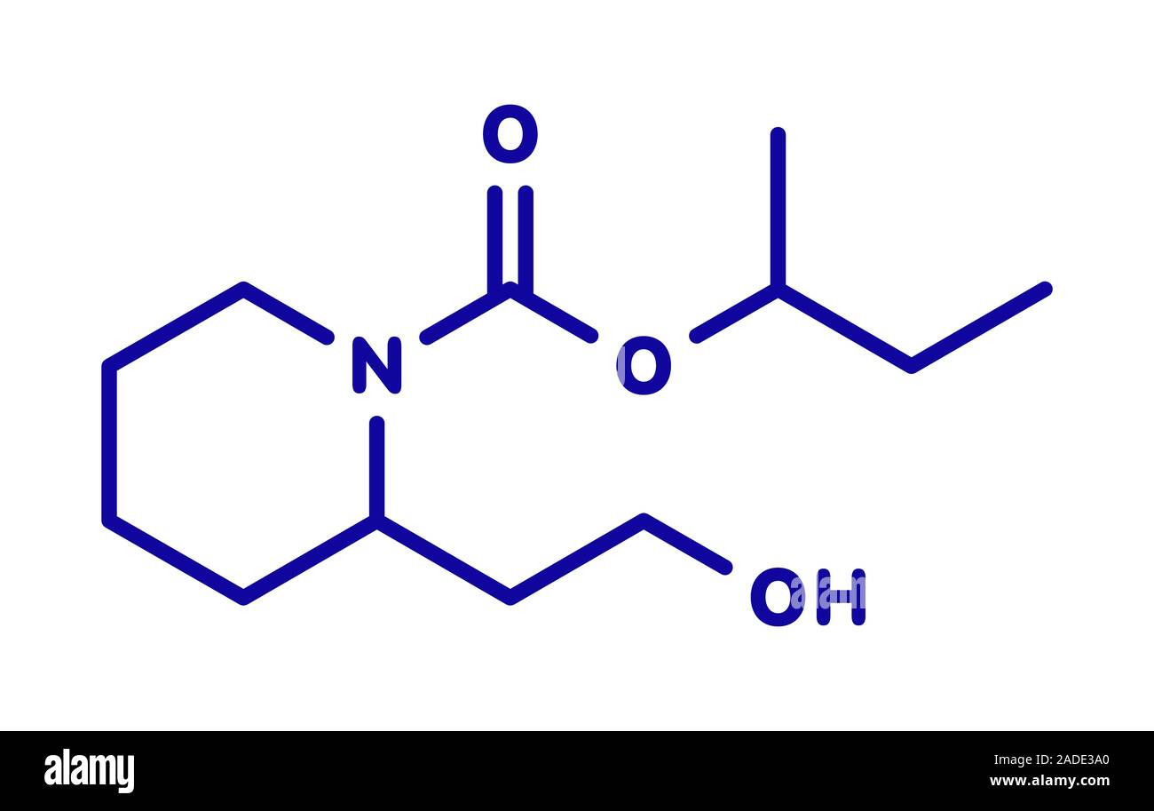 Icaridin (picaridine) insect repellent molecule. Blue skeletal formula ...