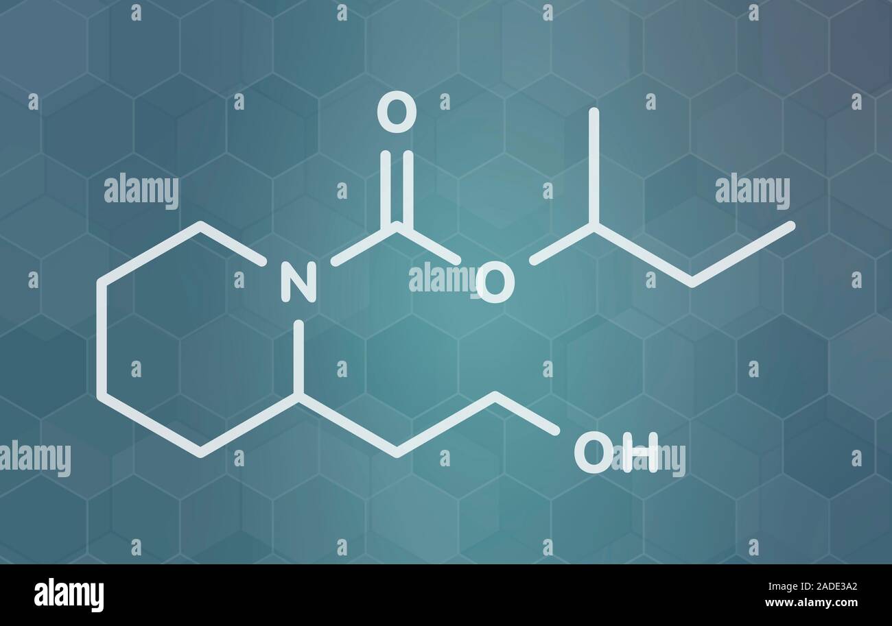 Icaridin (picaridine) insect repellent molecule. White skeletal formula ...