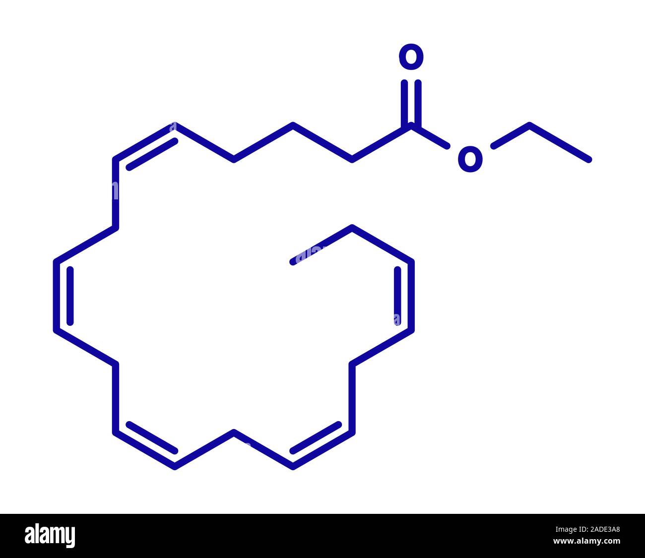 Icosapent ethyl (ethyl eicosapentaenoic acid) drug molecule. Blue ...