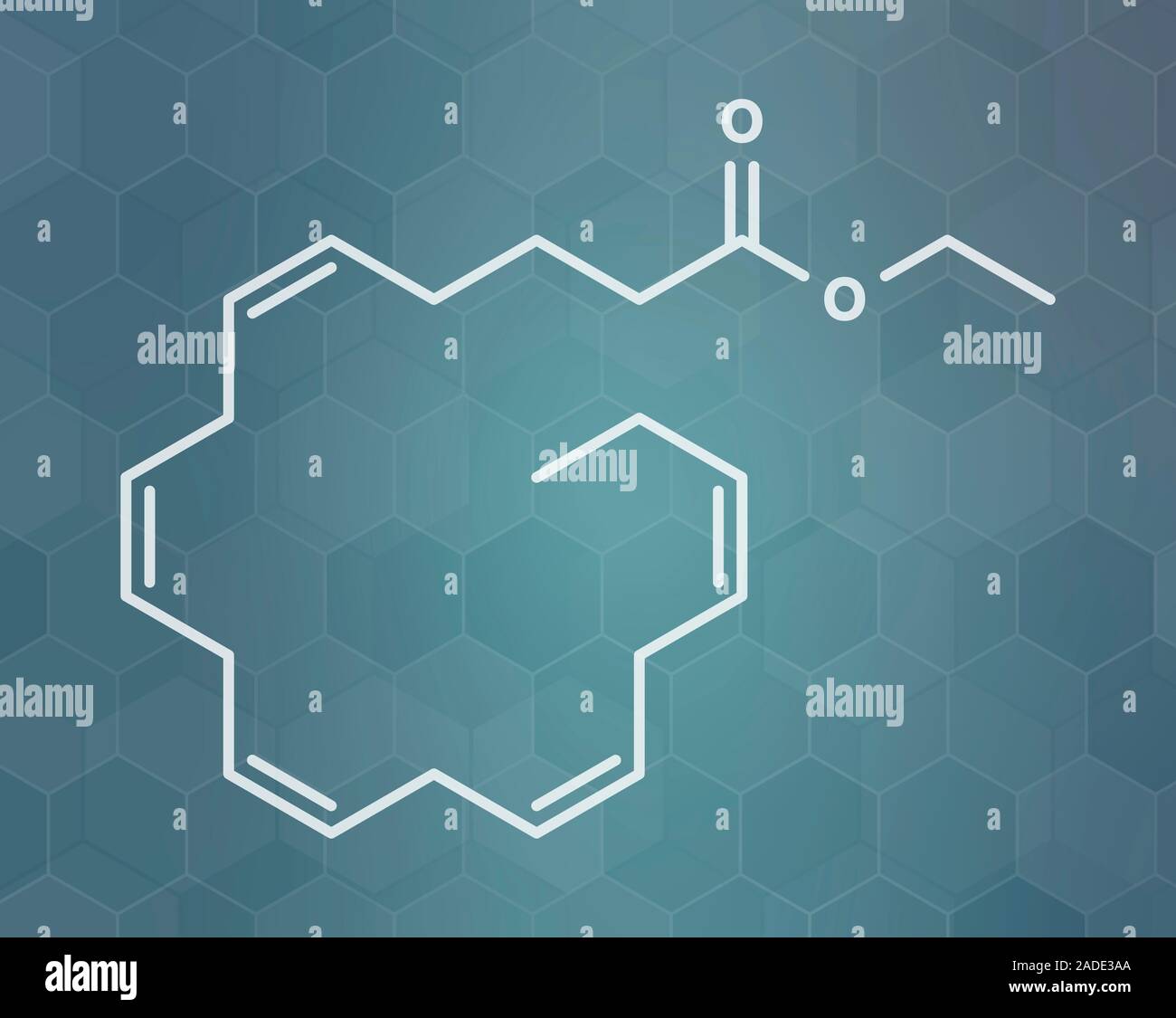 Icosapent ethyl (ethyl eicosapentaenoic acid) drug molecule. White ...